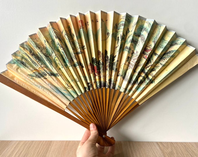 Vintage Chinese Fan - 20th Century - Paper and Bamboo - Etsy