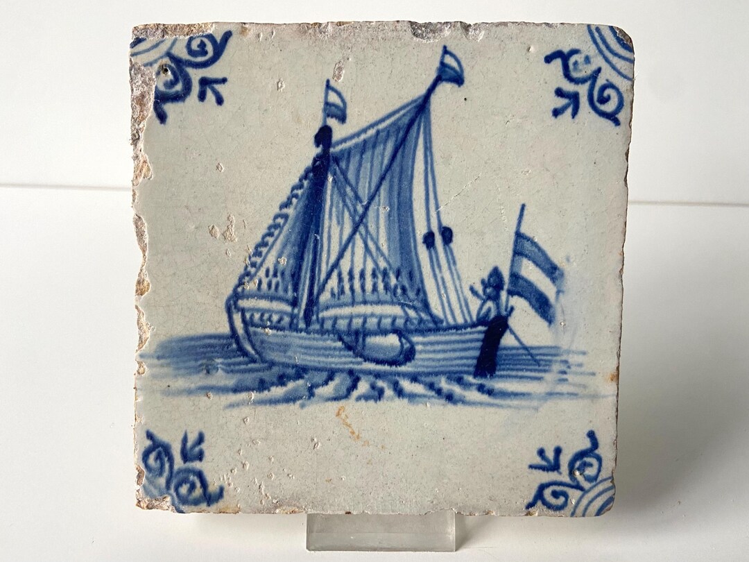 17th Century Delft Tile - Sailing Boat With Sailed - Dutch Flag - Blue ...