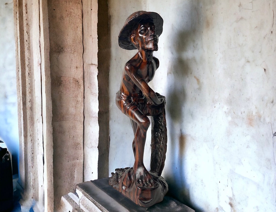 Balinese Wooden Sculpture - Fisherman - Wood Carved Indonesian Figure ...
