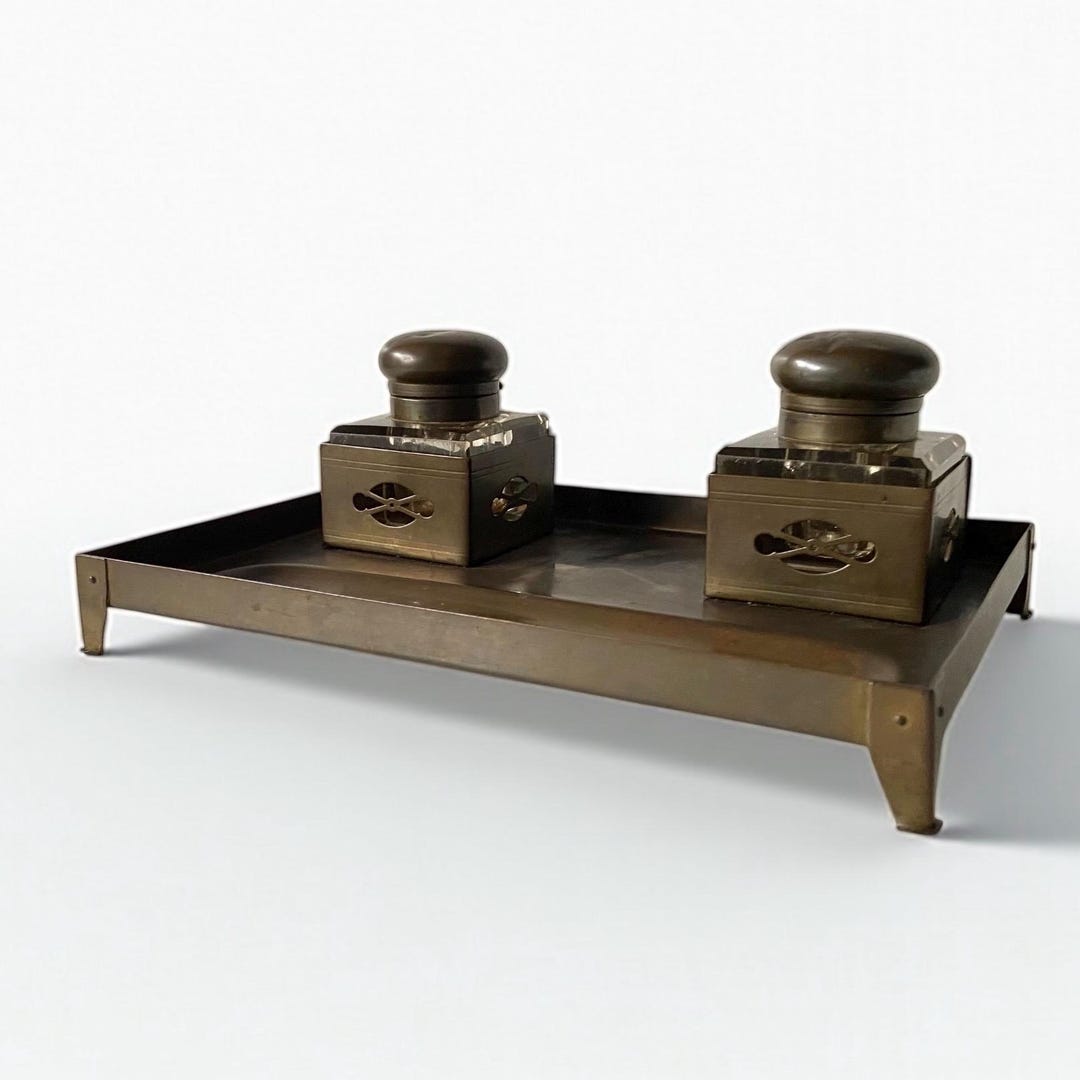 Art Deco Ink Stand - Early 20th Century - Brass - Crystal Jars ...