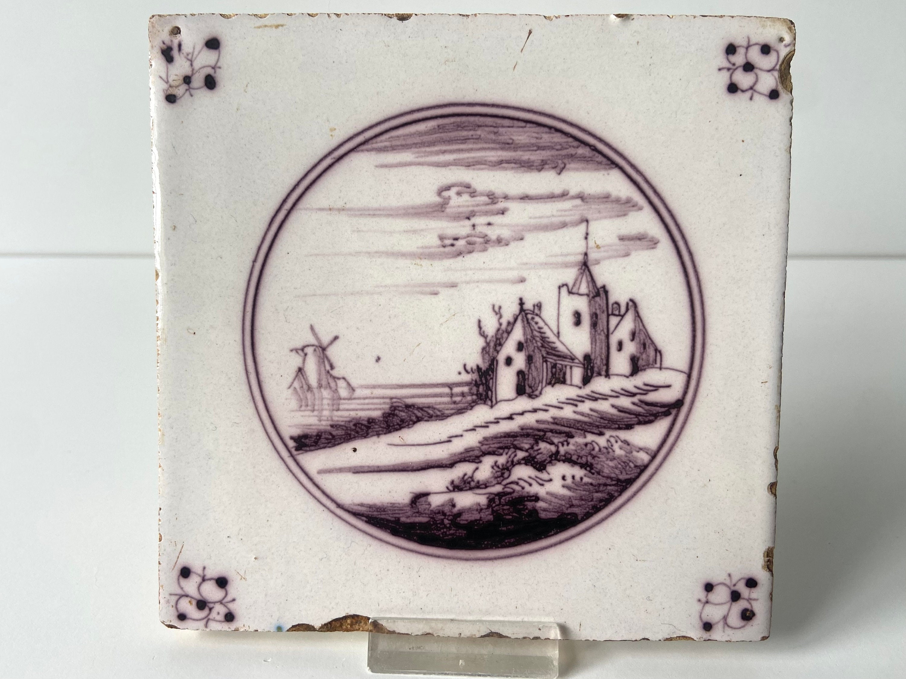 18th Century Delft Tile Castle and Mill in Landscape Delftware ...