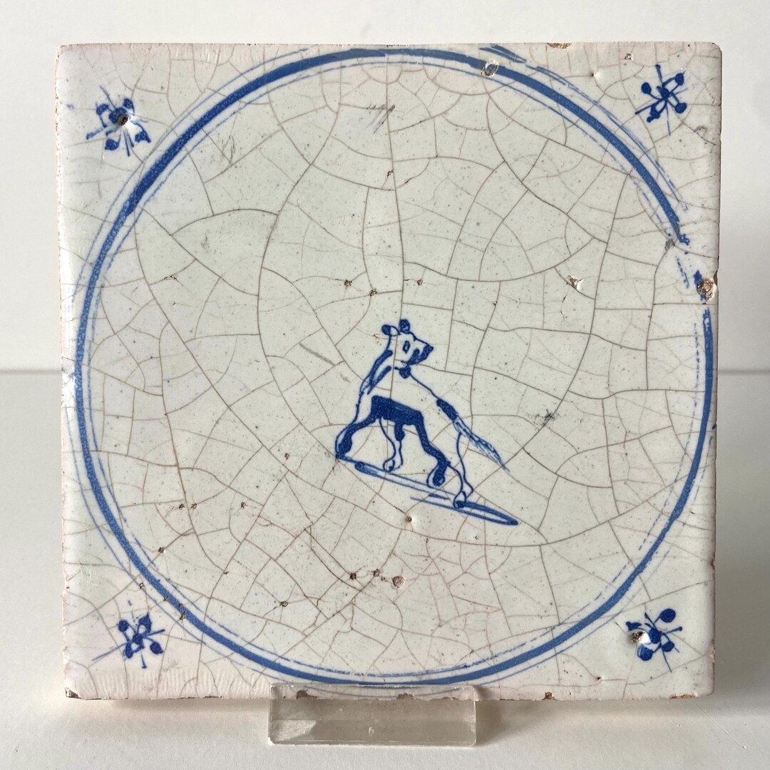 RARE 17th Century Delft Tile - Dog - Blue and White - Delftware ...