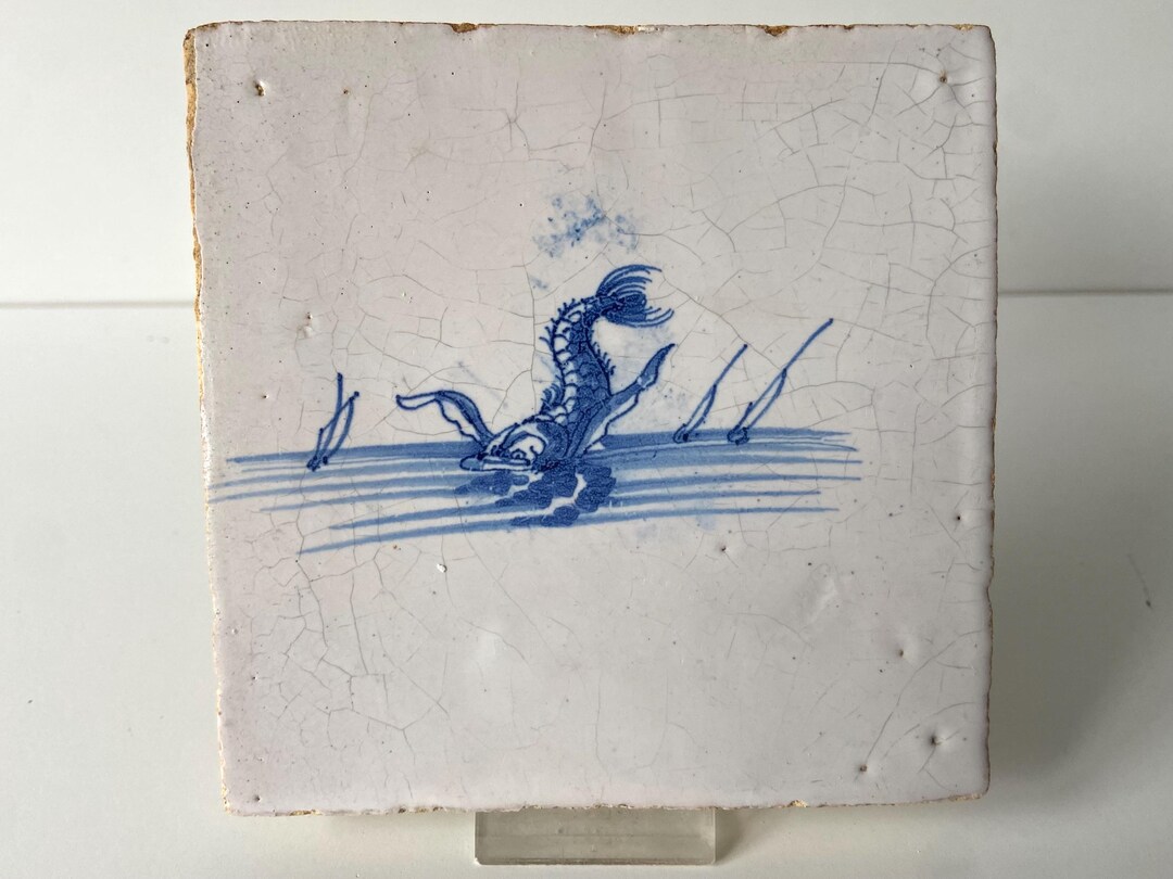 17th Century Delft Tile - Dolphin With Some Boats - Blue and White ...