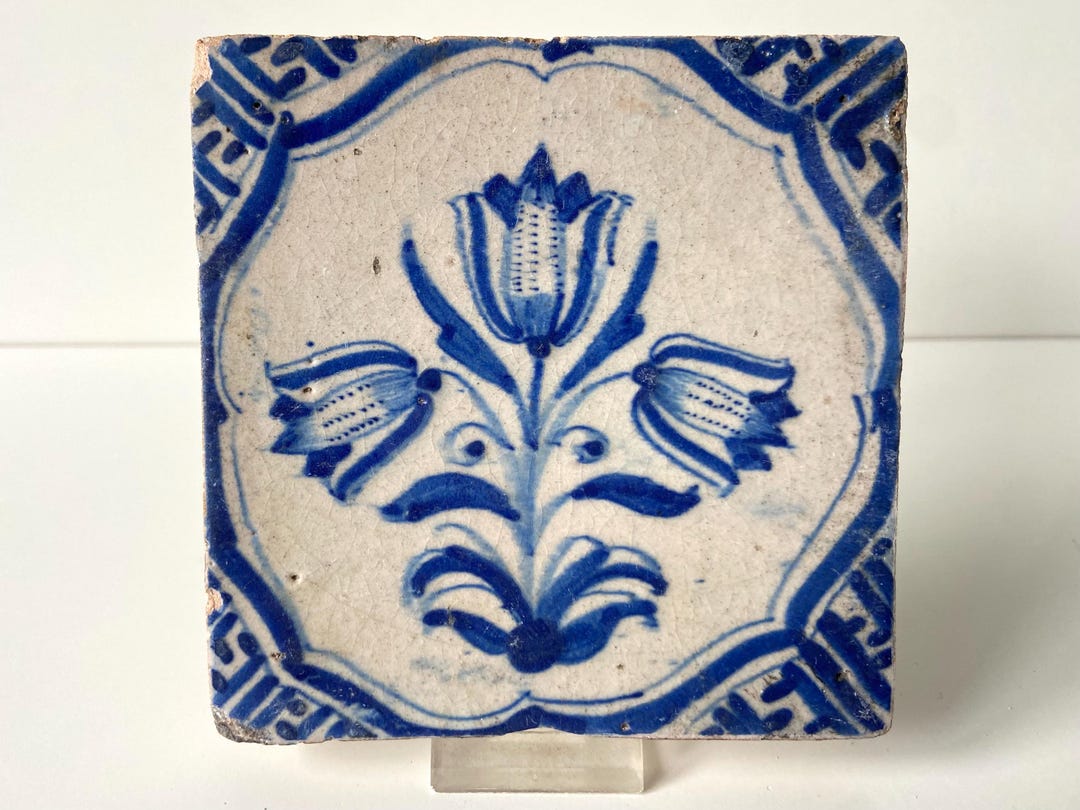 Antique Delft Tile - 17th Century - Three Tulip - Blue and White - Wan ...