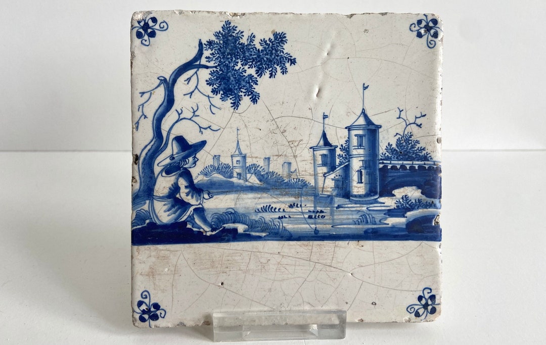 17th Century Delft Tile - Fisherman in a Landscape With Castles - Wall ...