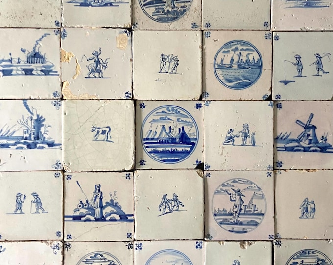 25 X Antique Delft Tiles - Blue and White - Wall - Kitchen - Fireplace ...
