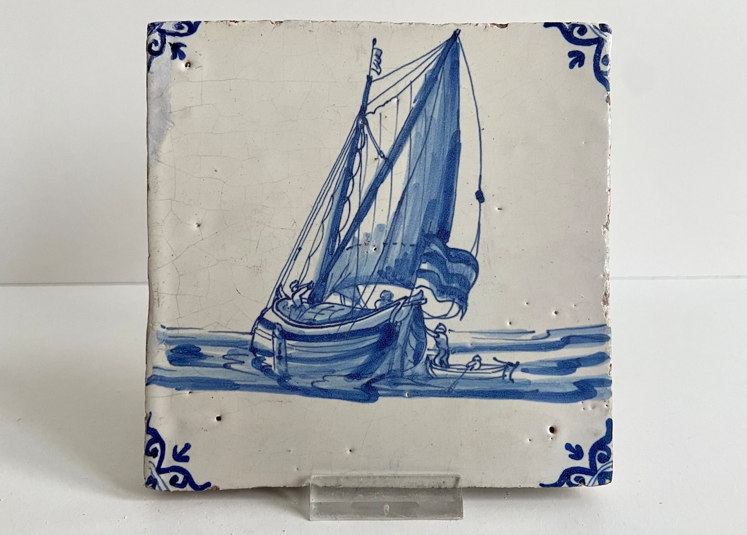 Rare 17th Century Delft Tile - Ship With Crew and Small Rowing Boat ...