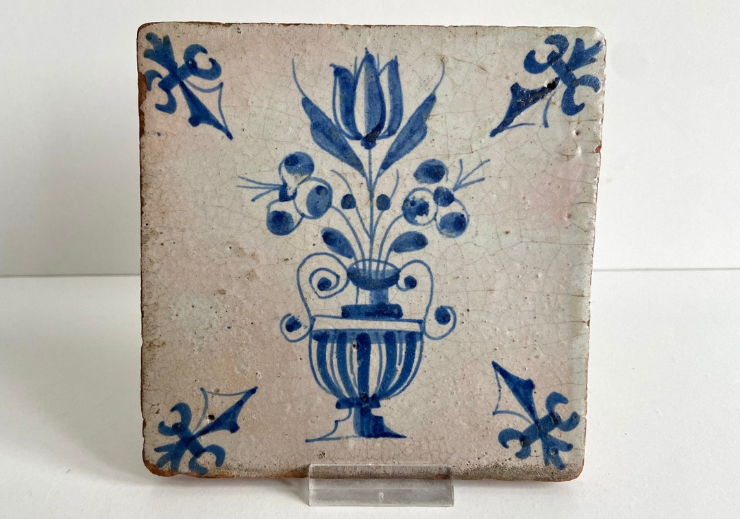 17th Century Delft Tile - Vase With Flowers - Fleur De Lis Corners ...