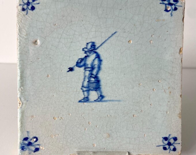 17th Century Delft Tile - Blue and White - Figure With a Stick and a ...