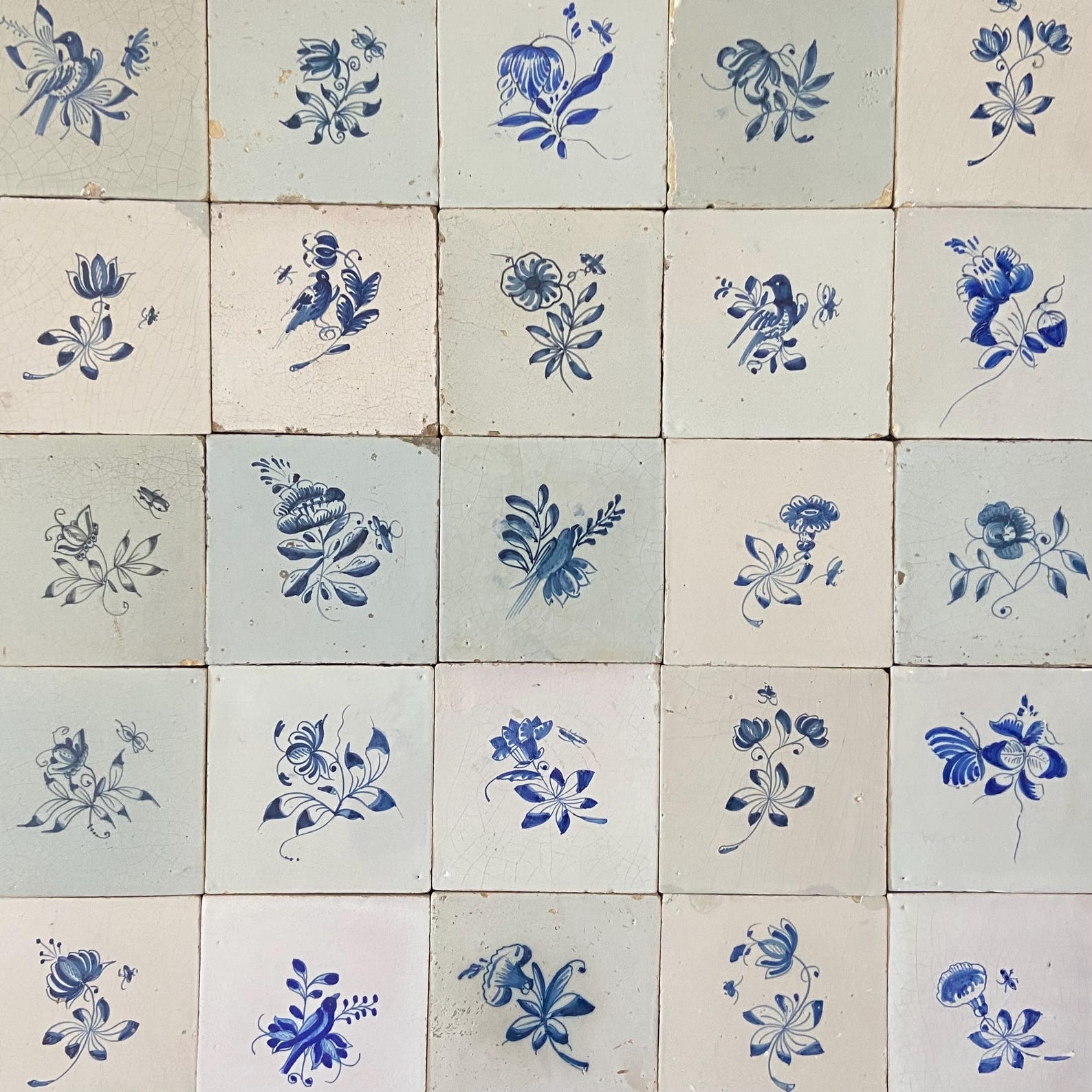 25 X Antique Delft Tile - Flower - Blue and White - Wall - Kitchen ...