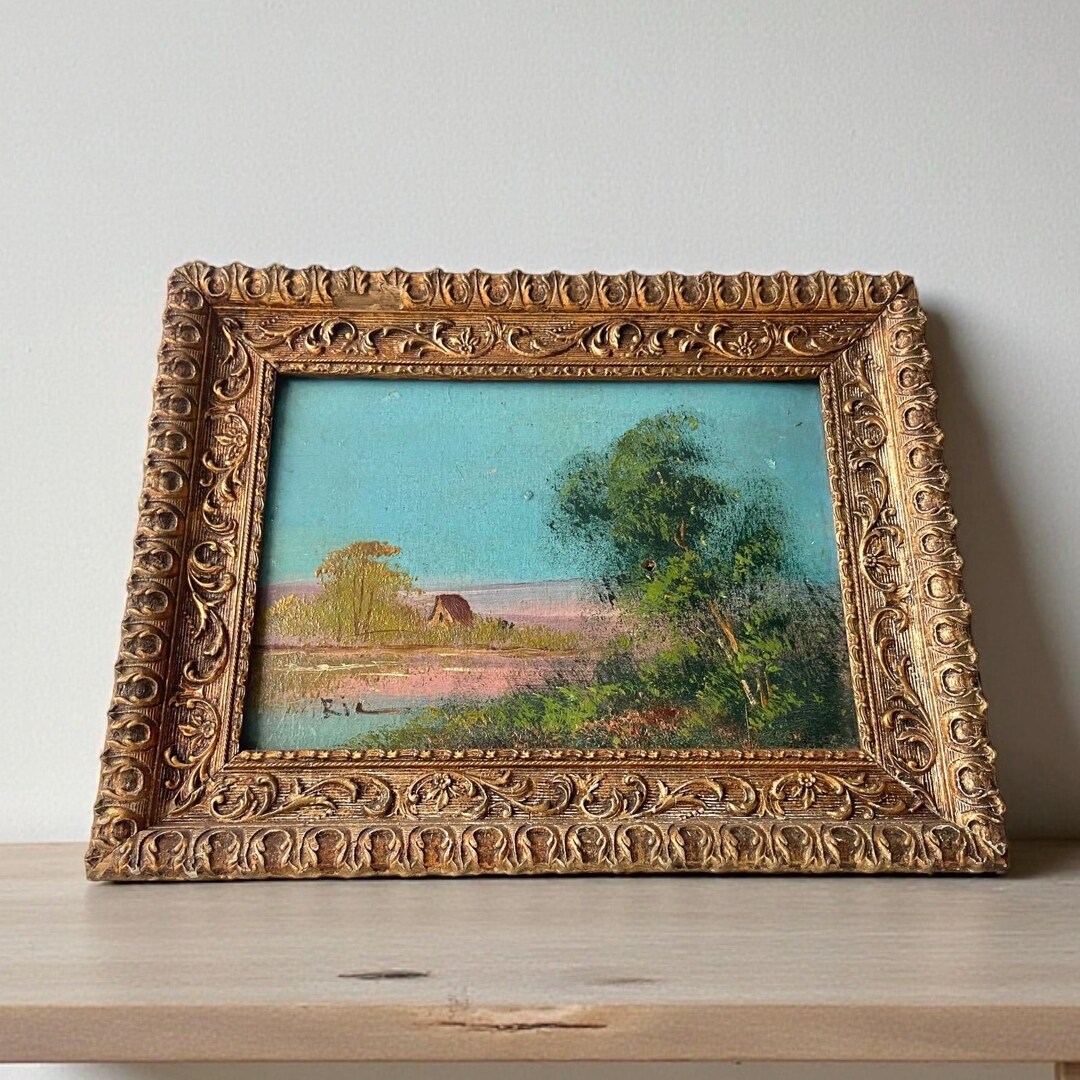 Old Painting - Frame - Landscape - Signed - Wood and Plaster - 20th ...