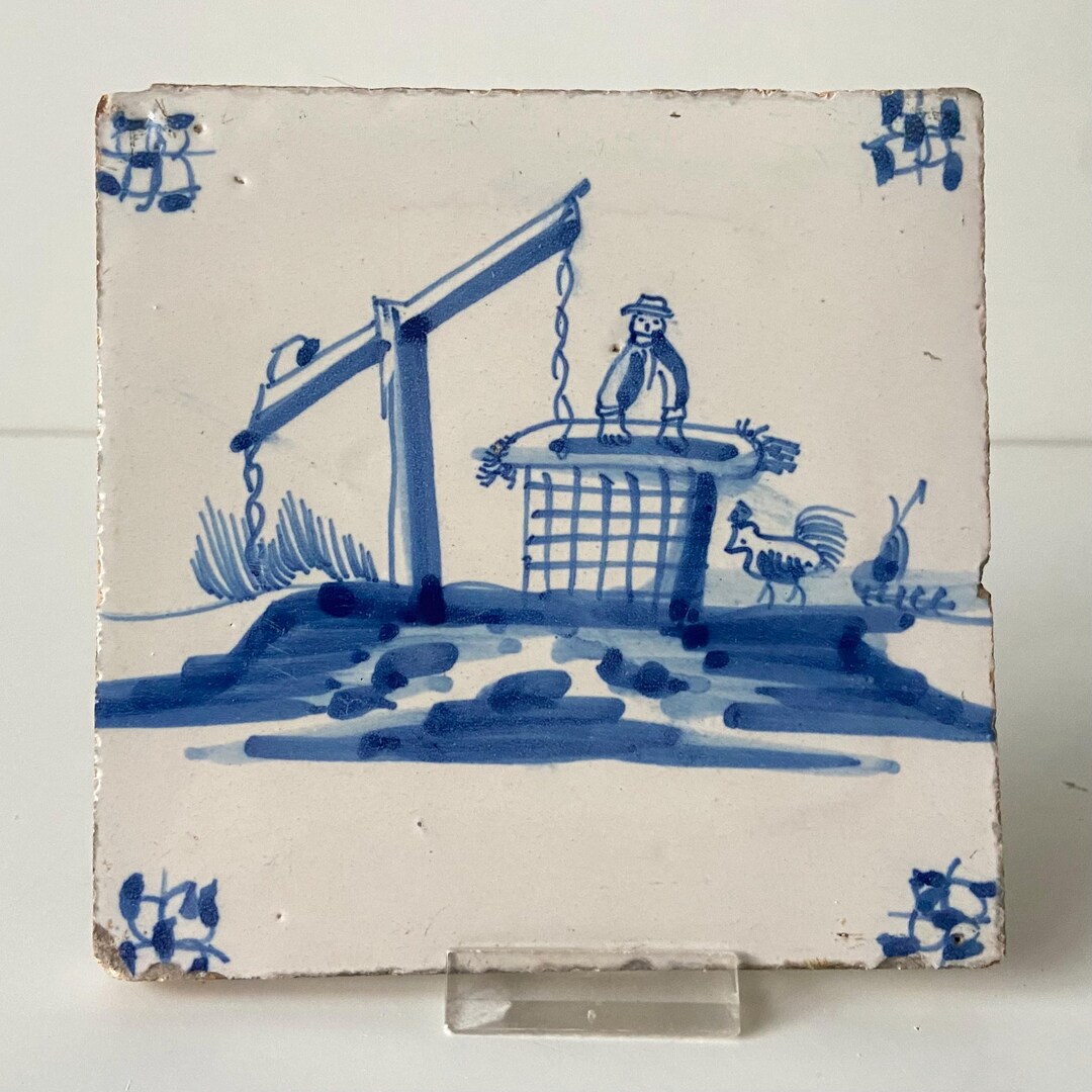 Unusual 18th Century Delft Tile - Getting Water From a Well - Rooster ...