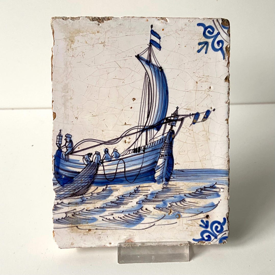 Beautiful 17th Century Delft Tile Fragment - Nicelye Painted Fishing ...