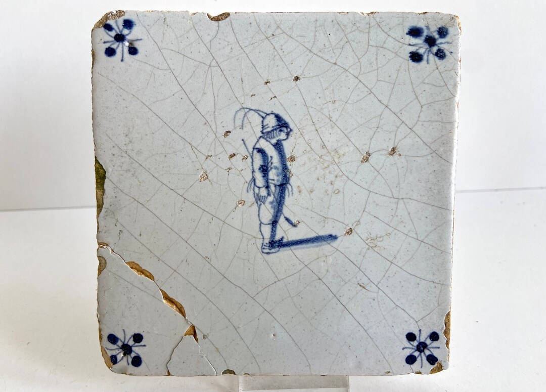 17th Century Delft Tile - Figure With Stick - Delftware - Blue and ...
