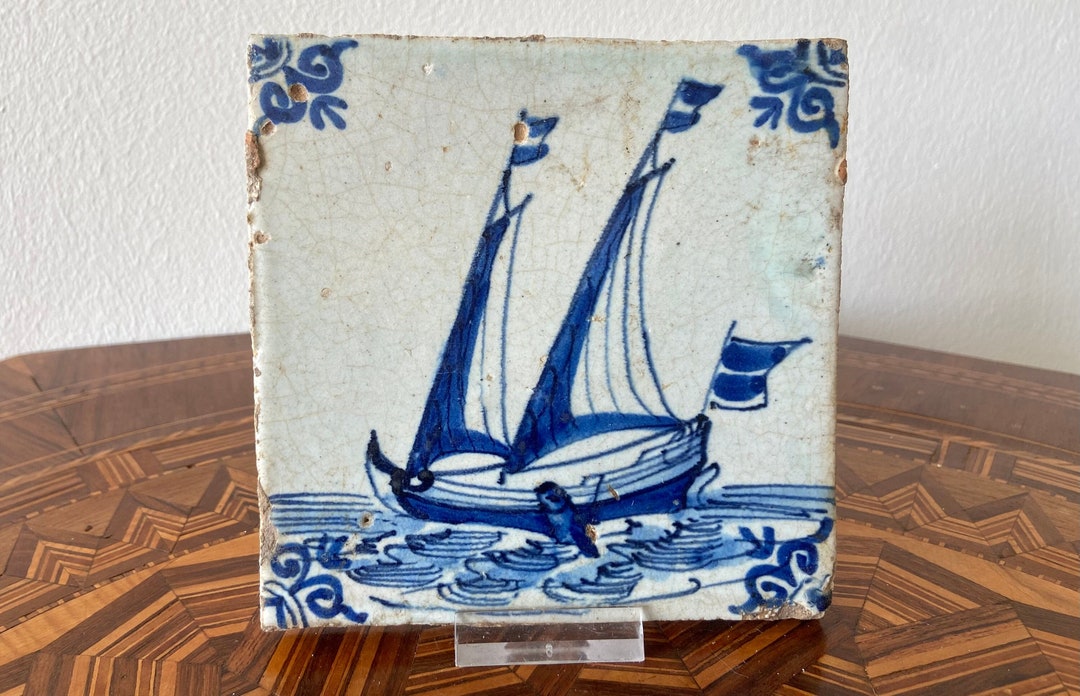 Antique Delft Tile - Sailing Ship With Three Flags - 17th Century ...