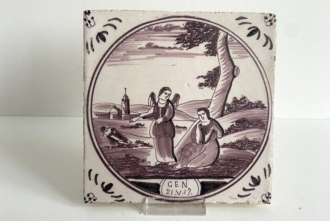 Antique Delft Tile 19th Century Hagar and the Angle God Manganese ...
