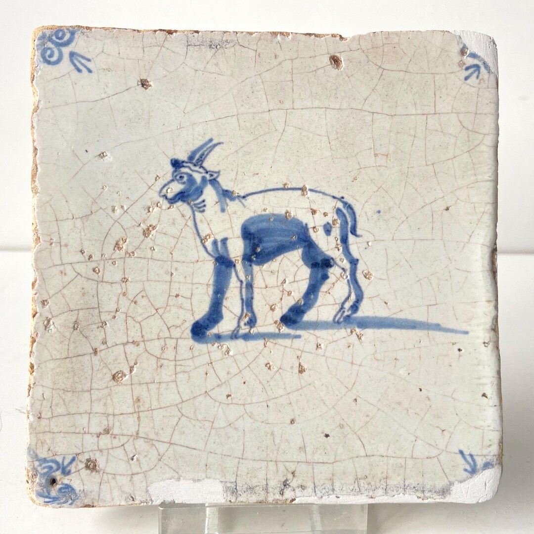 17th Century Delft Tile - Goat - Wall - Kitchen - Fireplace - Blue and ...