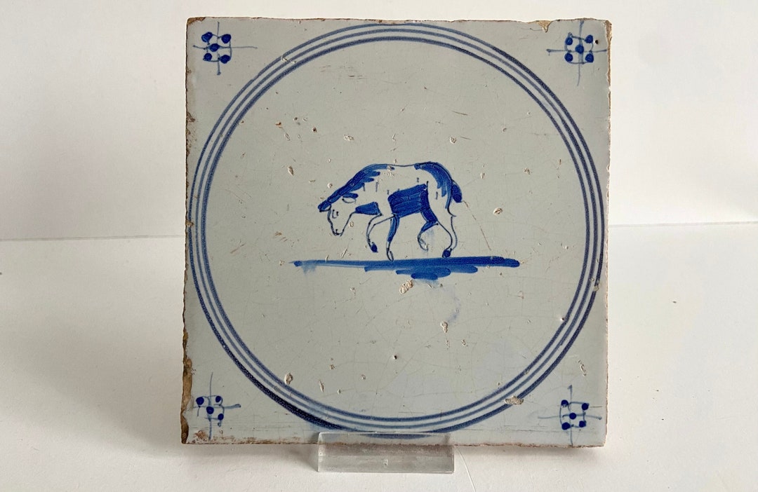 Antique Tile Dutch Delft Blue 18th Century Waling Sheep in a Blue ...