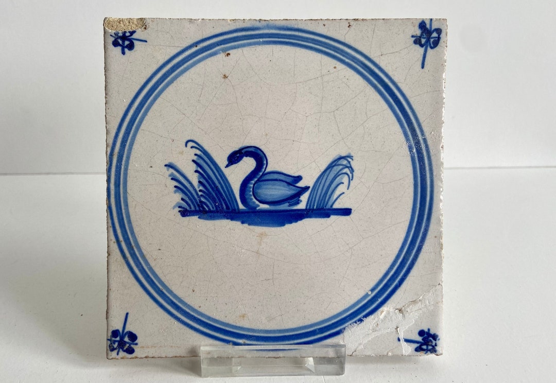 Antique Delft Tile - Swan in Circle - 18th Century - Blue and White ...