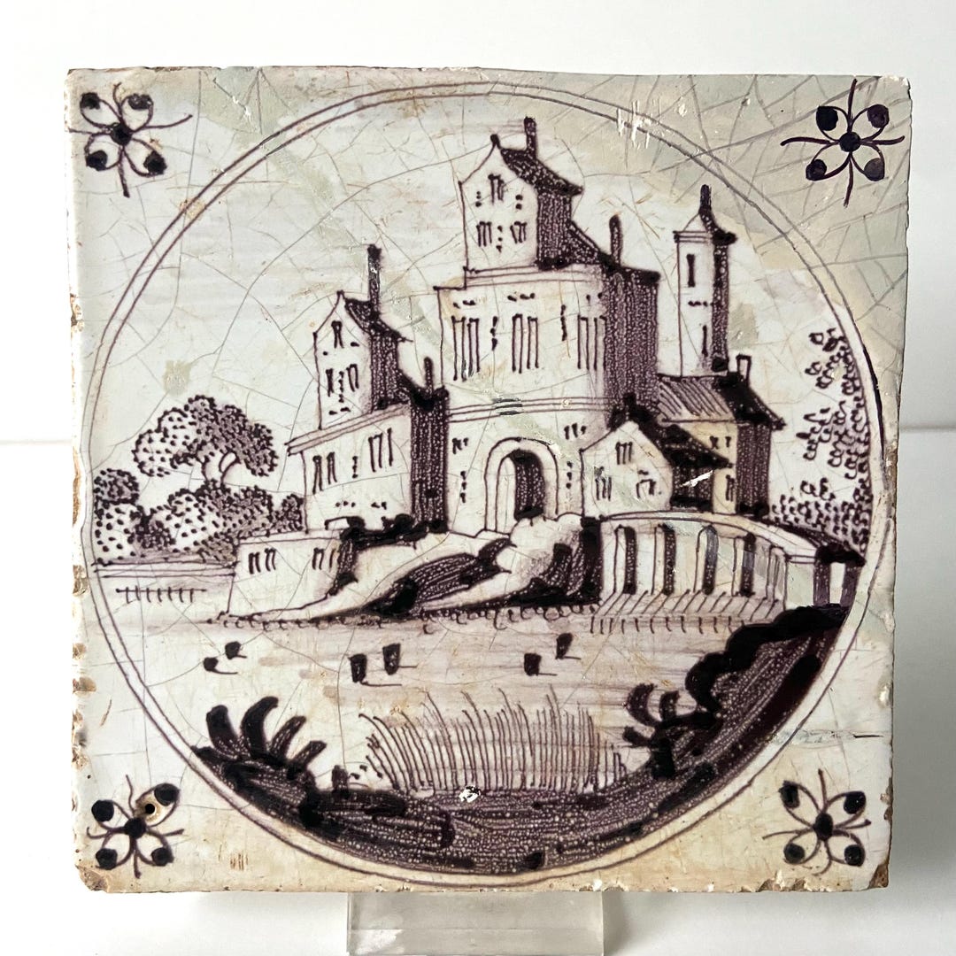 RARE 17th Century Delft Tile - Castle - Manganese - Delftware - Dutch ...