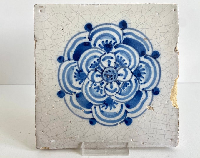 18th Century Delft Tile - Big Ornamental Rose - Blue and White - Wall ...