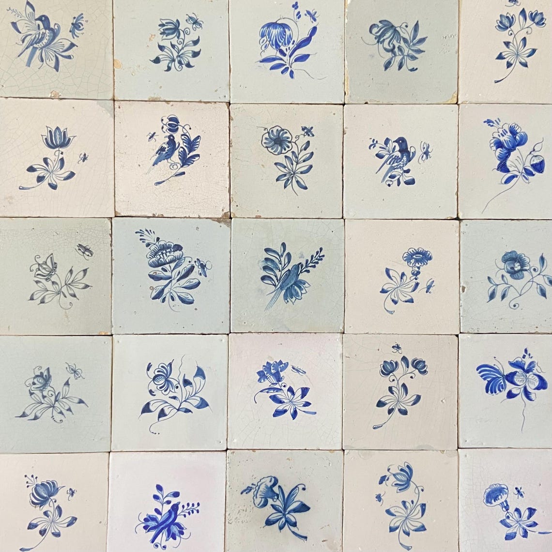 25 X Antique Delft Tile - Flower - Blue and White - Wall - Kitchen ...