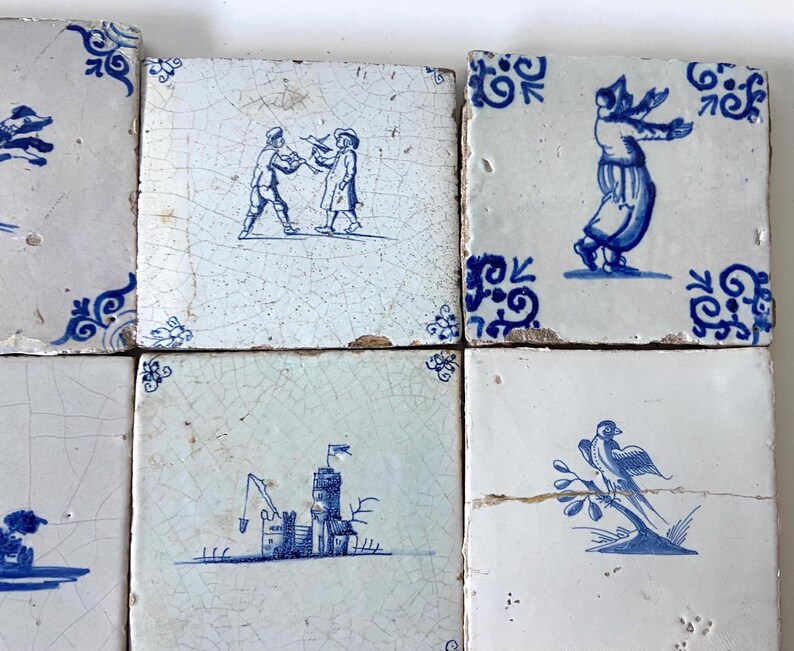 9 X 17th Century Delft Tiles - Blue and White - Animals, Figures and ...