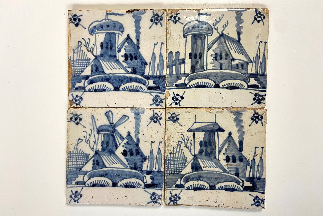 Set of Four Unusual Antique Delft Tiles - Landscapes With Big Buildings ...