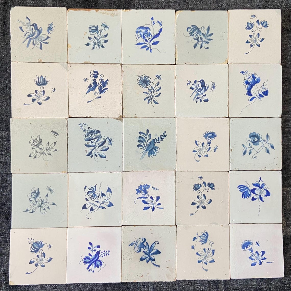 25 X Antique Delft Tile - Flower - Blue and White - Wall - Kitchen ...
