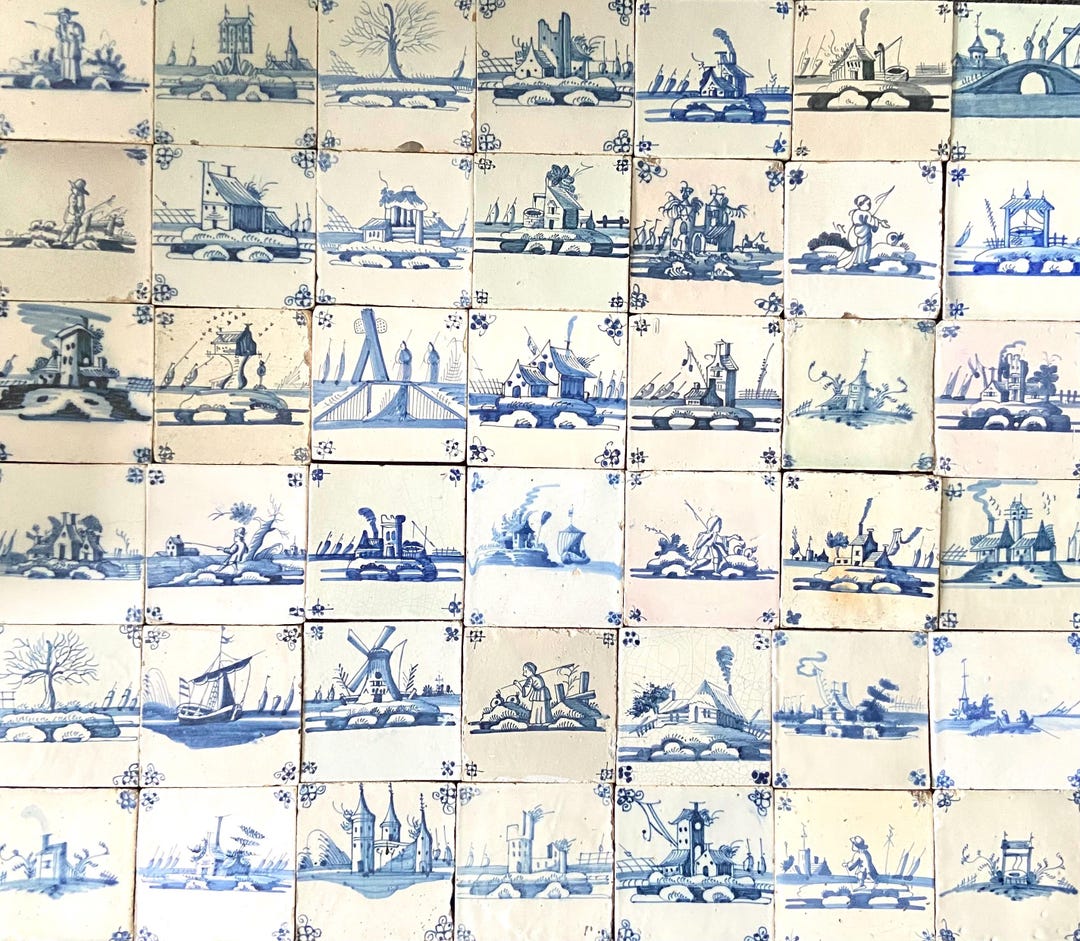 42 X Antique Delft Tile - Landscape - Blue and White - Delftware - Wall ...