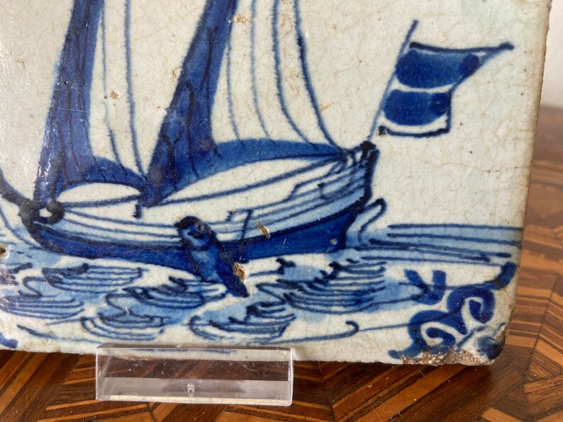 Antique Delft Tile - Sailing Ship With Three Flags - 17th Century ...