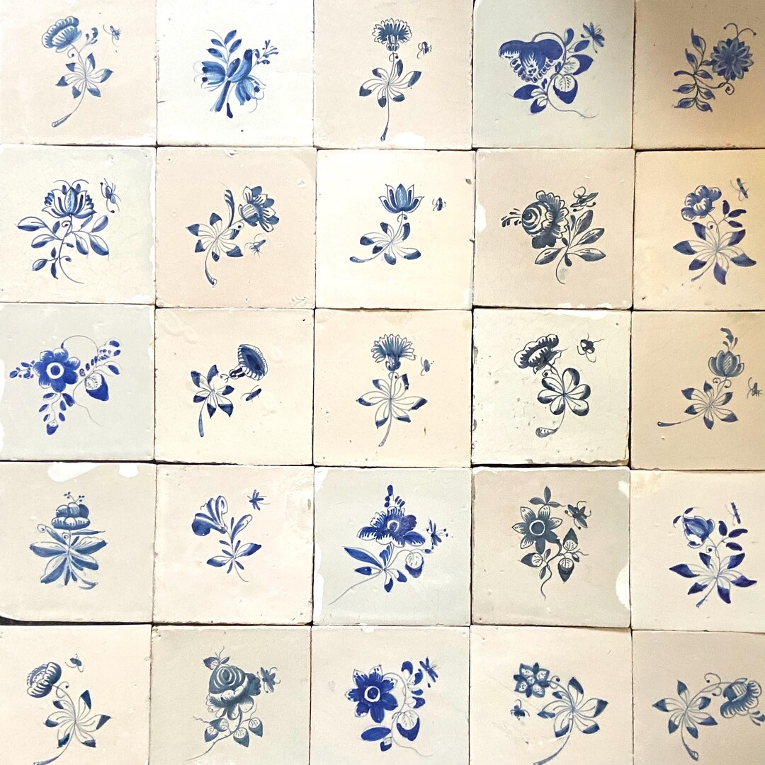 25 X Antique Delft Tile - Blue and White Flowers - Wall - Kitchen ...