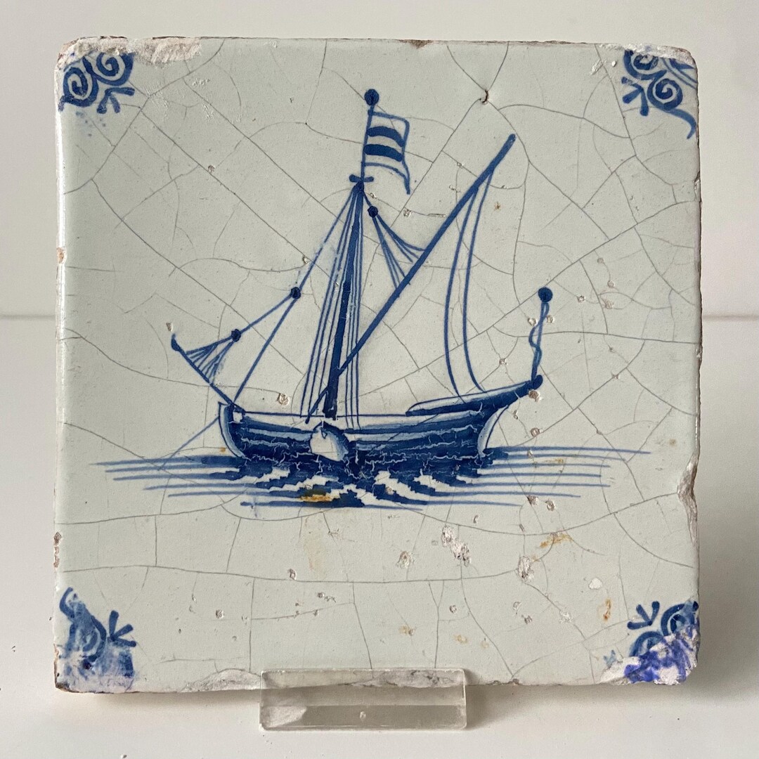 17th Century Delft Tile - Blue and White - Boat or Ship - Delftware ...