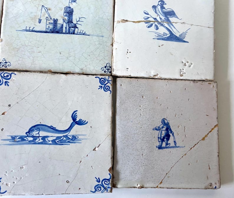 9 X 17th Century Delft Tiles - Blue and White - Animals, Figures and ...