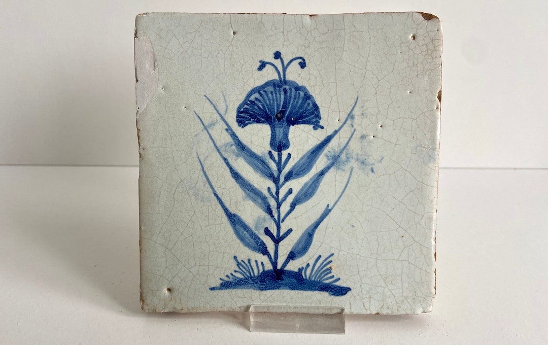 RARE 17th Century Delft Tile - Big Blue Flower - No Corner Decoration ...