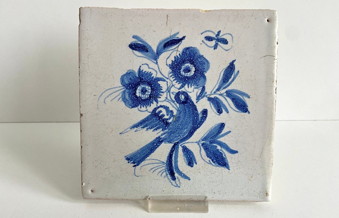 18th Century Delft Tile Bird Sitting at a Twitch With Flowers and a ...