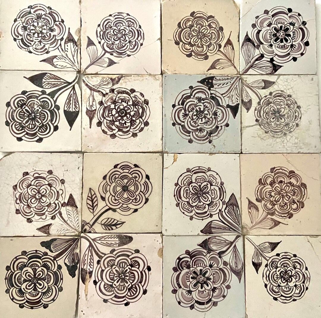 16 X Antique Delft Rose Tiles - Manganese - Set - Wall - Kitchen ...