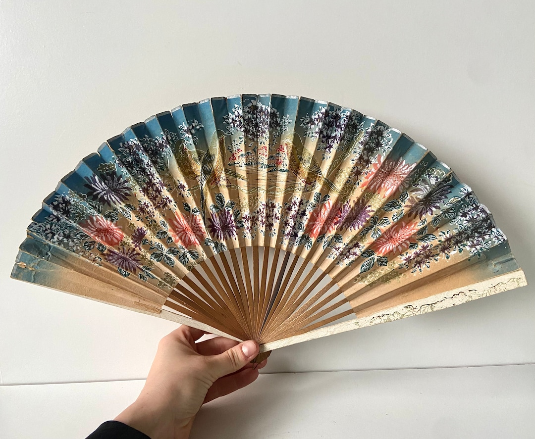 Antique Chinese Hand Fan - Paper - Hand Painted Decoration - Garden ...