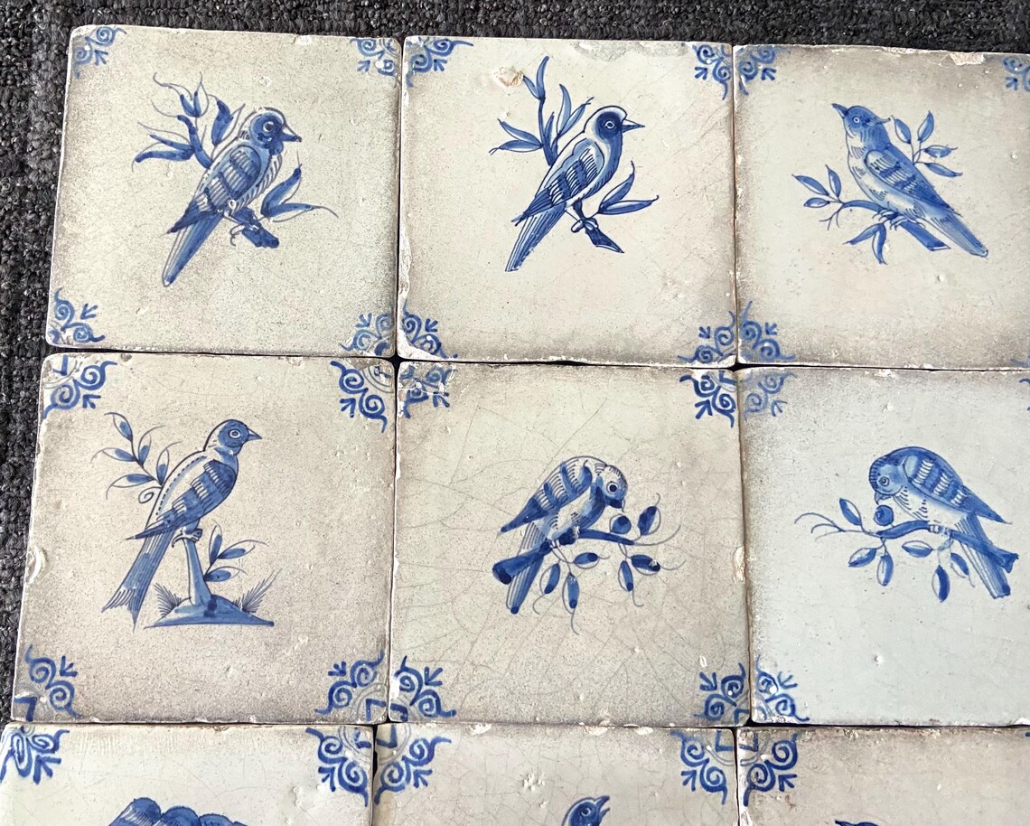 16 X 17th Century Delft Tiles - Birds - Same Firing - Delftware - Dutch ...