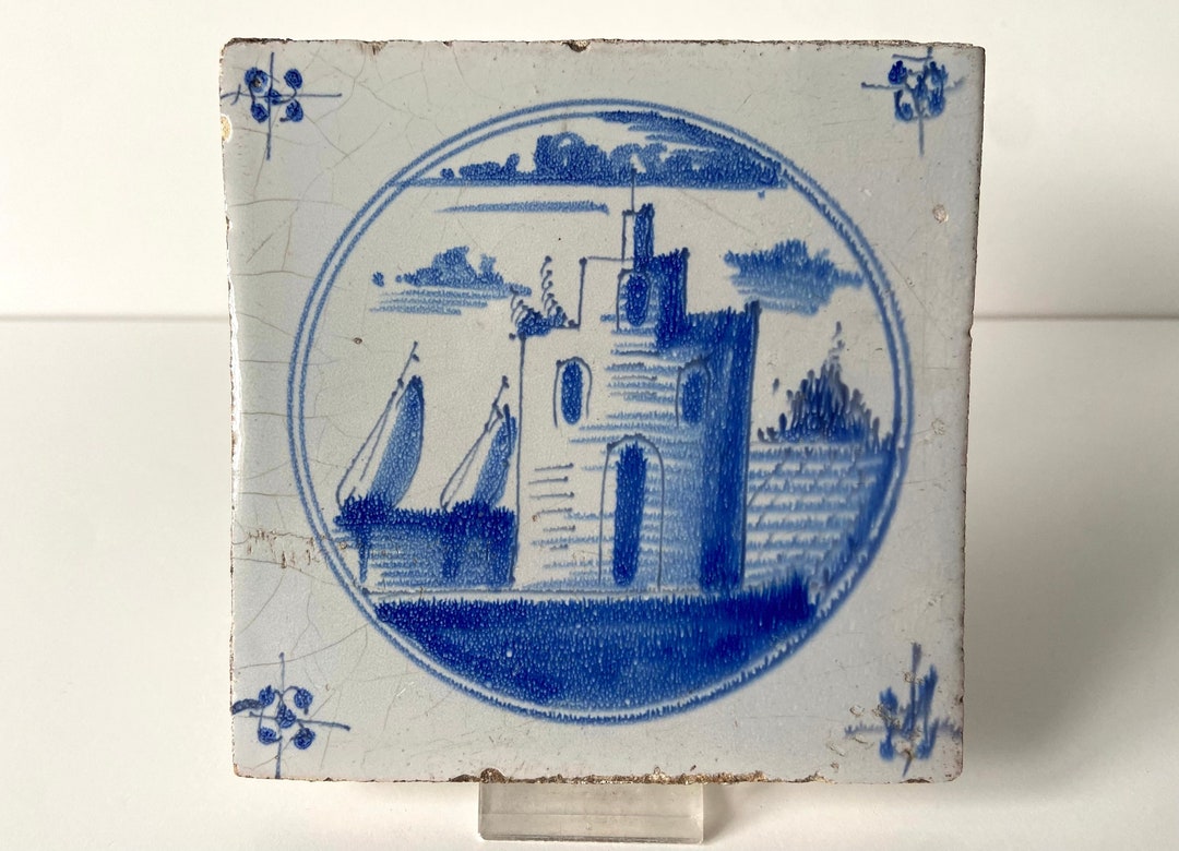 18th Century Delft Tile - Building in a Circle - Delftware - Blue and ...