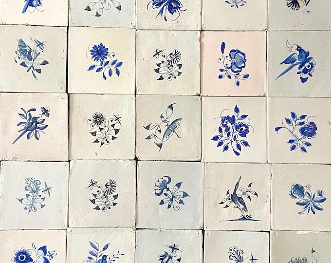 25 X Antique Delft Tiles - Blue and White - Flower - Birds ...