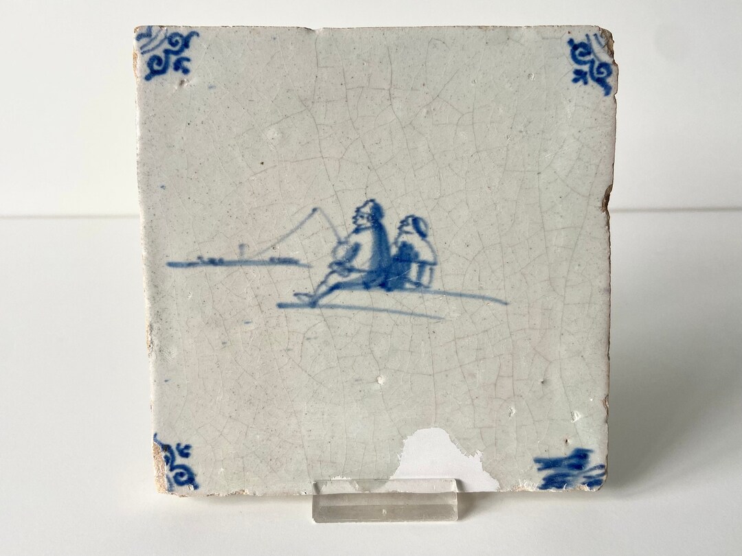 17th Century Delft Tile - Fisherman - Fishing - Delftware - Blue and ...