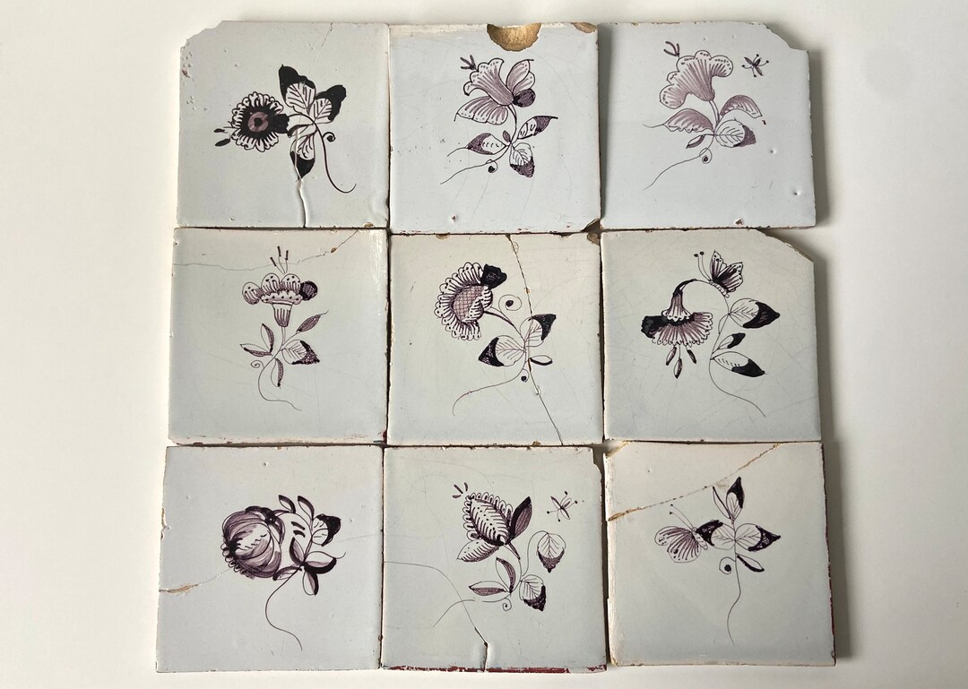 Set 18th Century Delft Tiles - Manganese Flowers - Dutch - Delftware ...