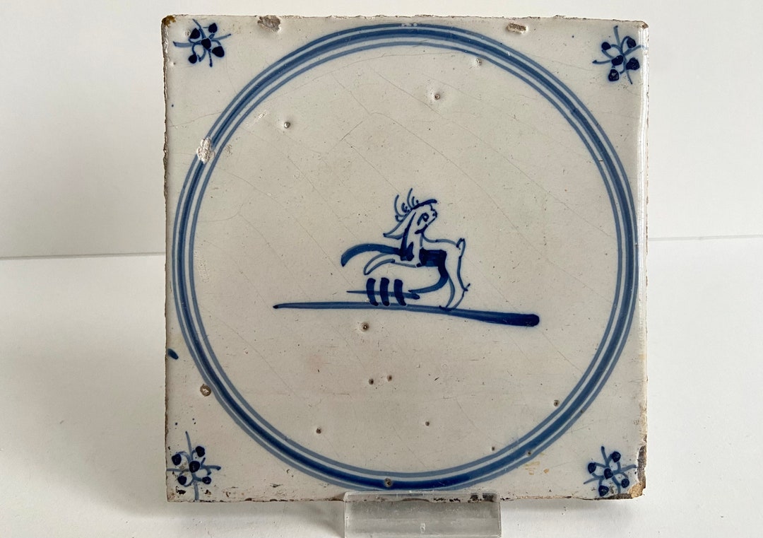 Antique Delft Tile - Animal in Circle - 18th Century - Blue and White ...