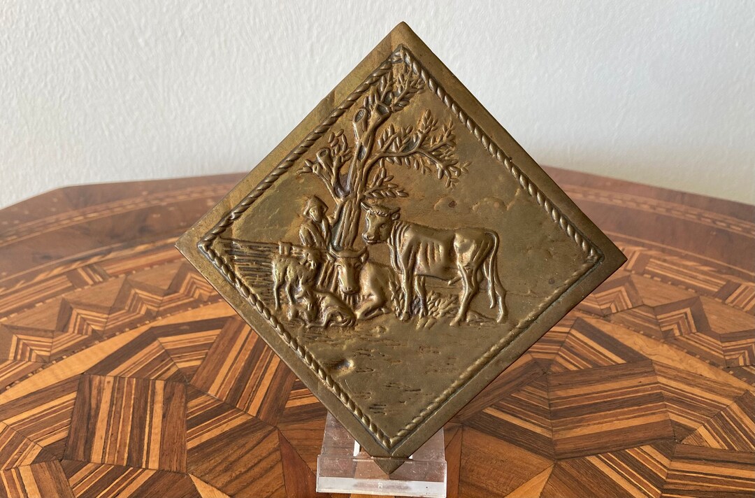 Antique Copper Plaque - Farmer With Cows - Late 19th or Early 20th ...