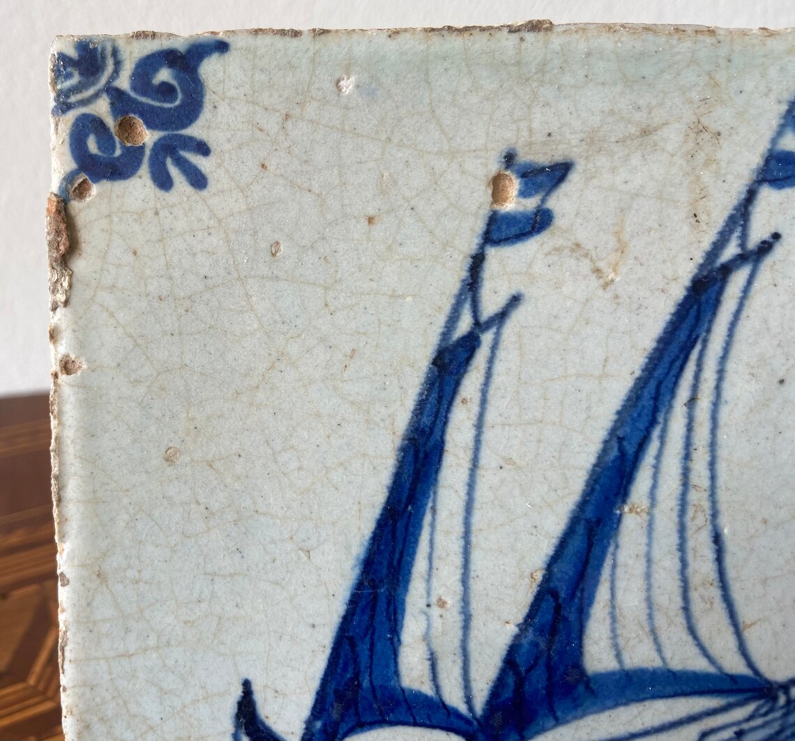 Antique Delft Tile - Sailing Ship With Three Flags - 17th Century ...