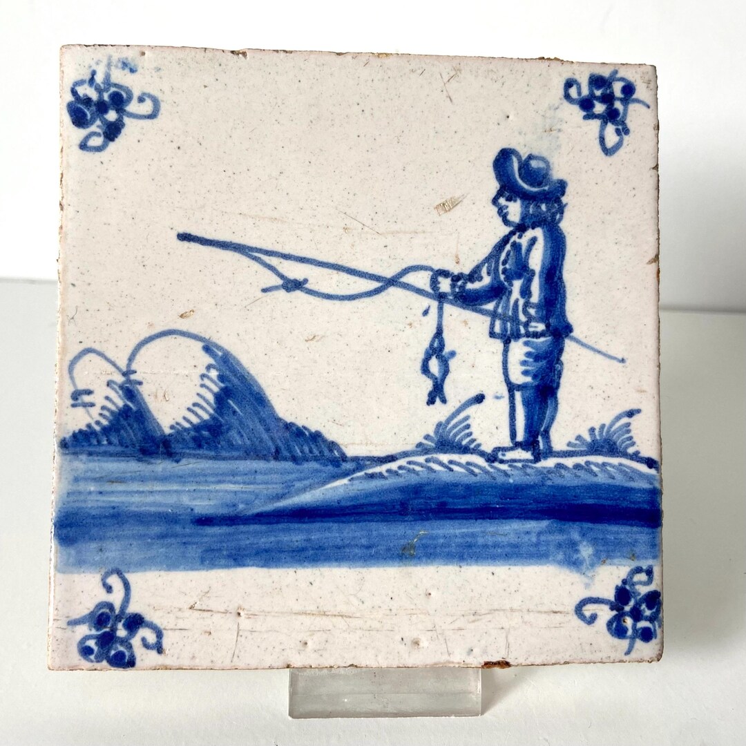 Antique Delft Tile - Fishing - Blue and White - Ca 1800 - Late 18th ...