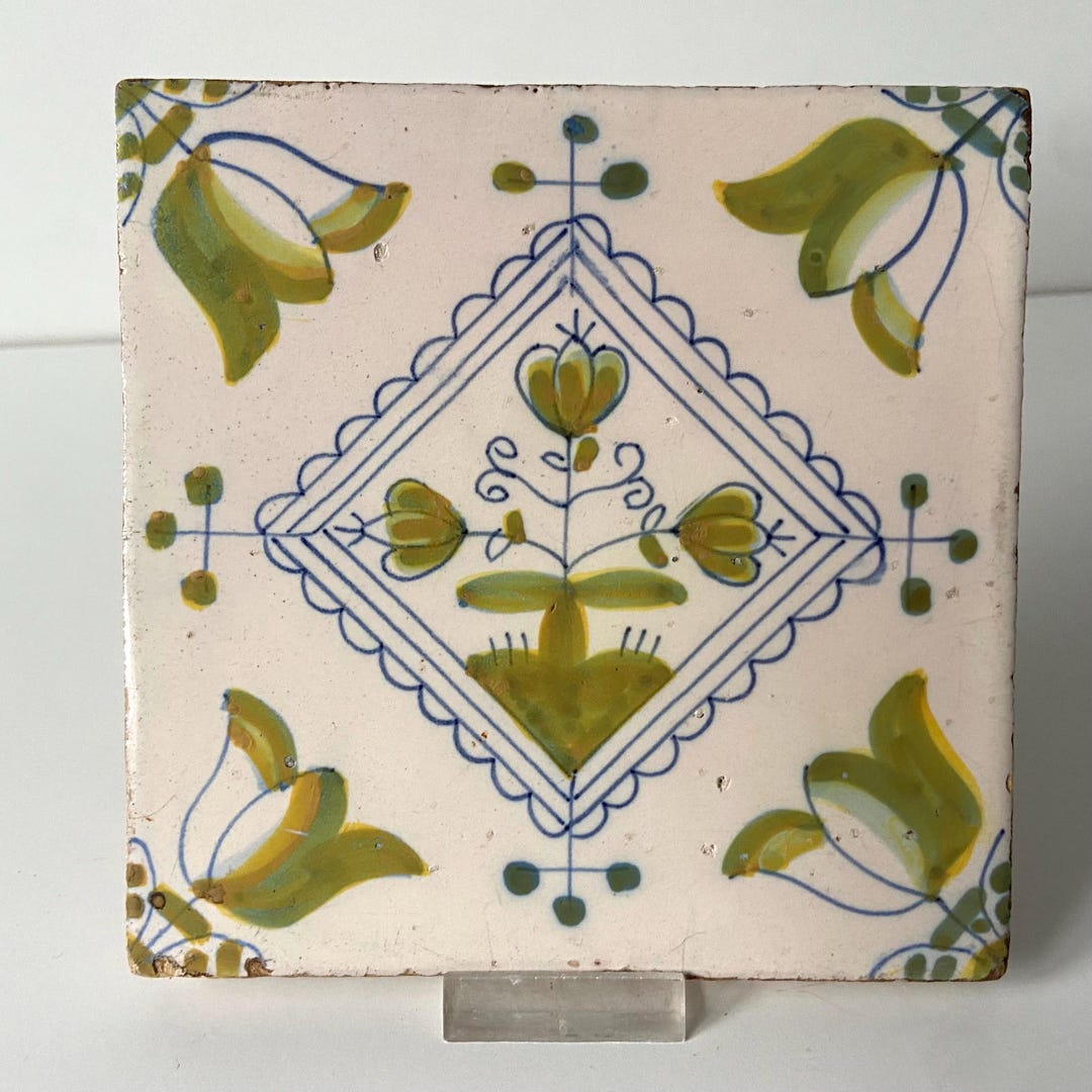 Extremely Rare Delft Tile - Green Flower and Big Size Tile - Delftware ...