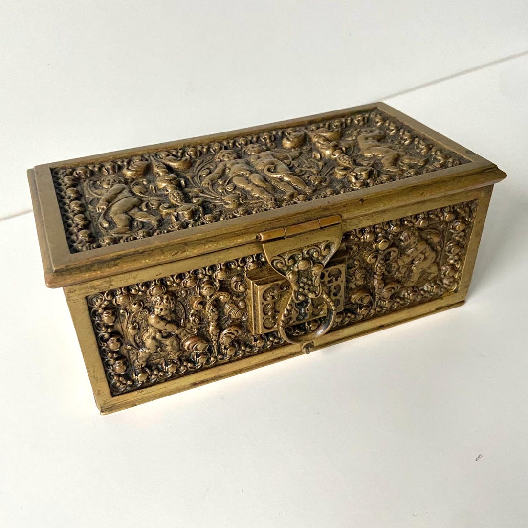 19th Century Jewelry Box - Putti's - Marked - German Antique - Brass ...