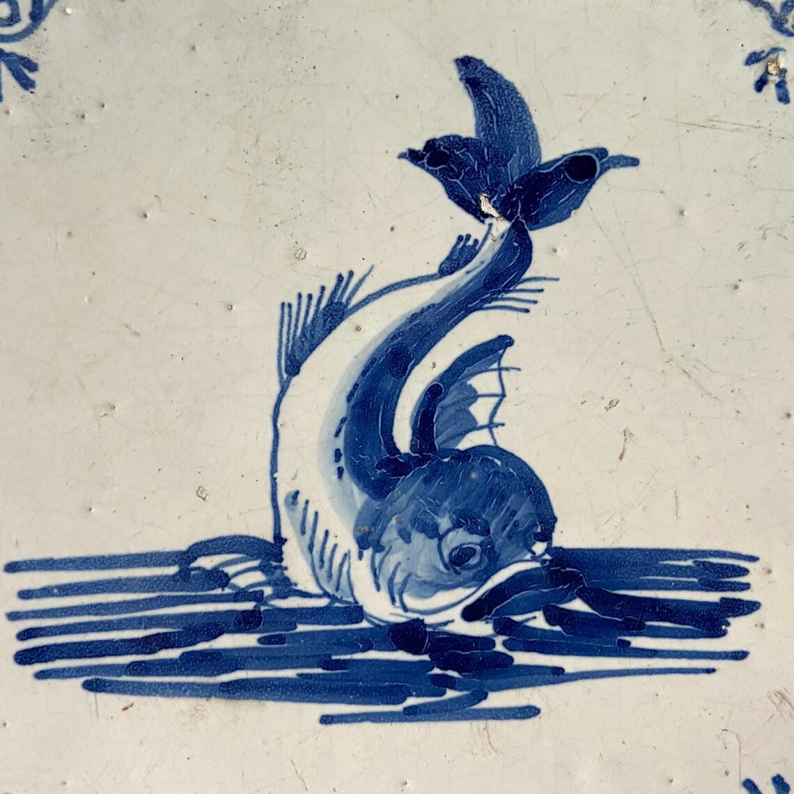 17th Century Delft Tile - Dolphin - Sea Creature - Blue and White ...